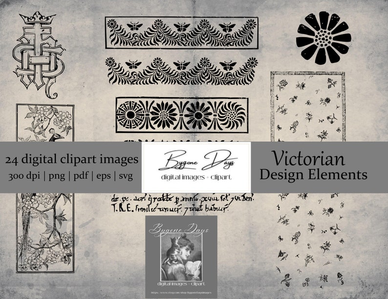 24 Victorian Drawings - Design Elements - Digital Clipart Images - 300 ...
