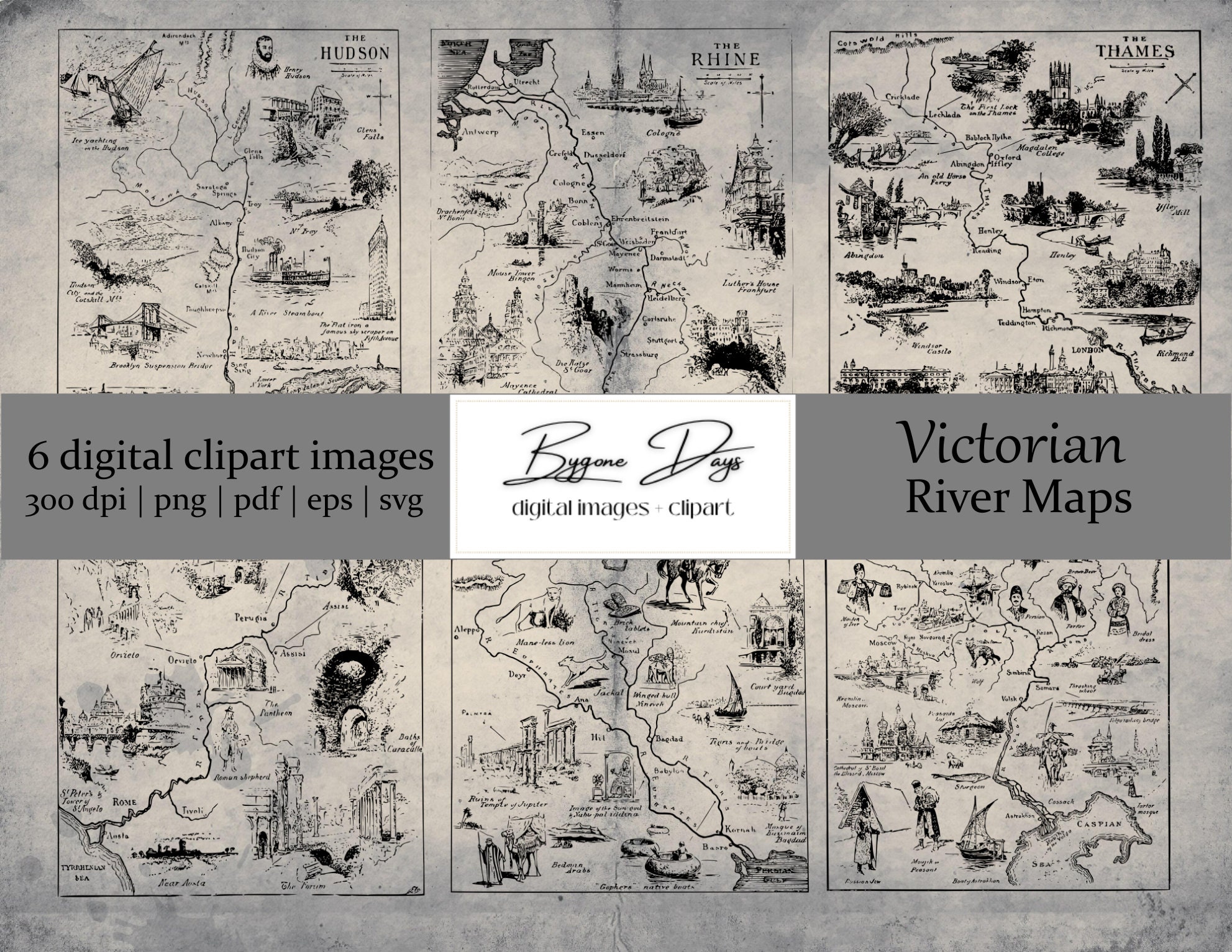 6 Victorian Drawings - River Maps - Digital Clipart Images - 300 DPI - Etsy