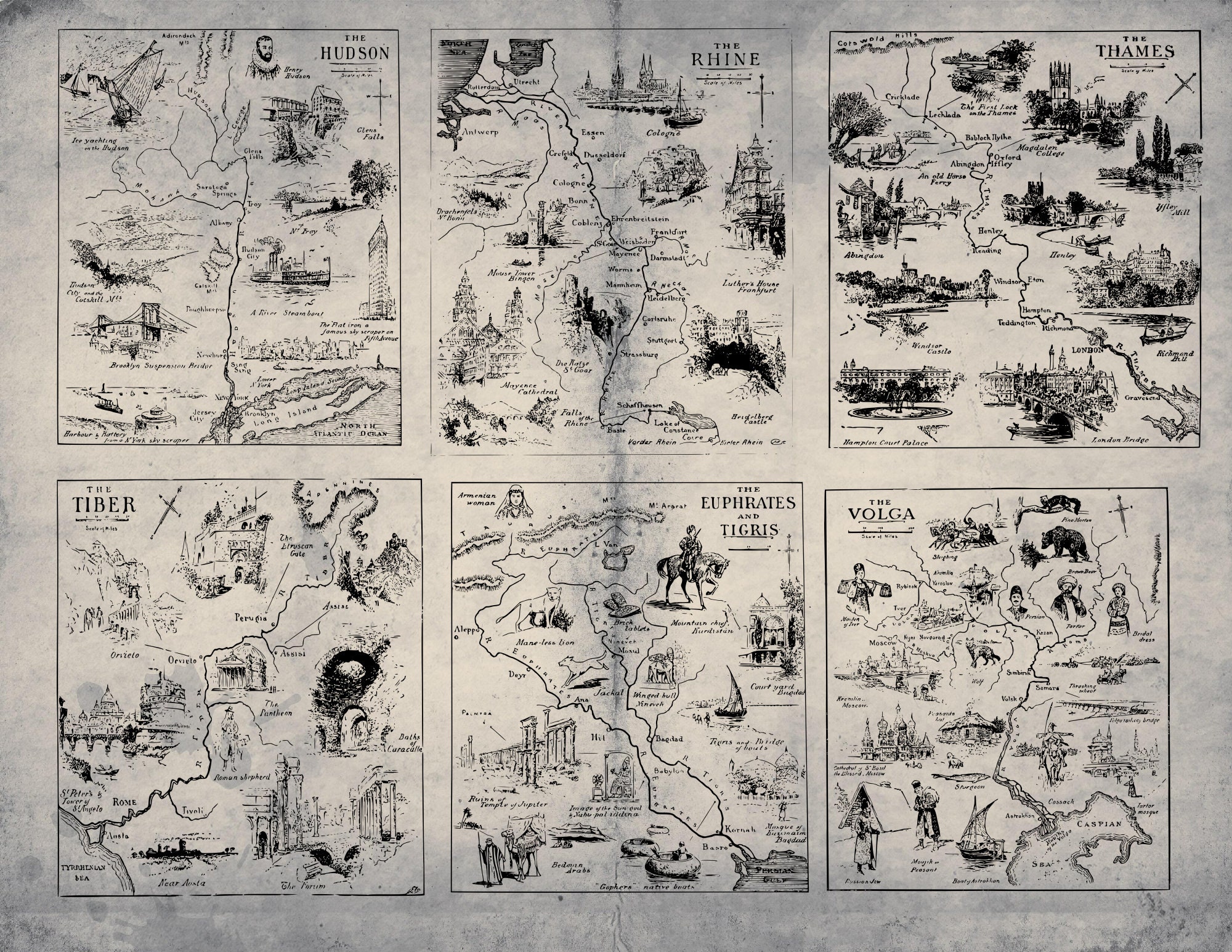 6 Victorian Drawings - River Maps - Digital Clipart Images - 300 DPI - Etsy