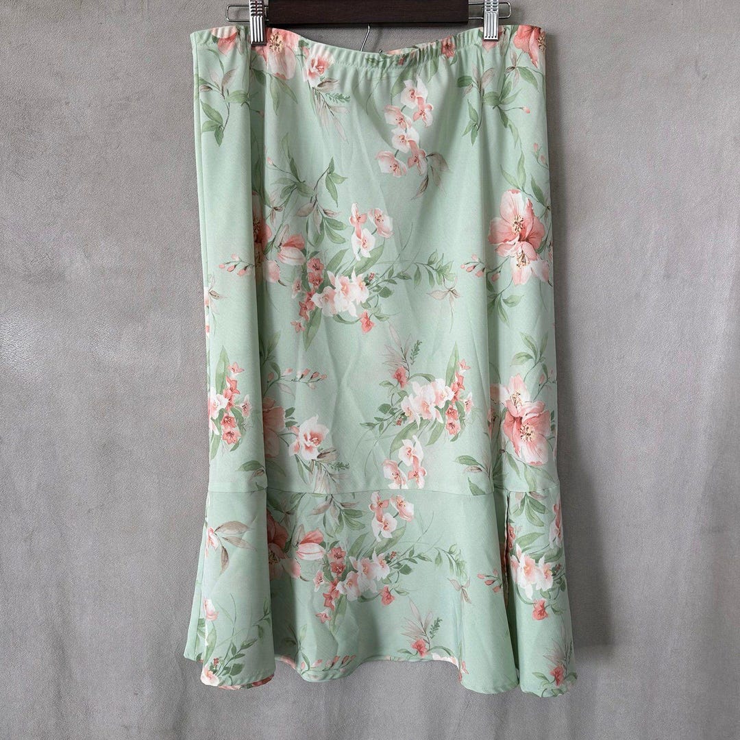 Vintage Sage Green Midi Skirt 90s Low Rise Large Size 14 Floral Flowy - Etsy