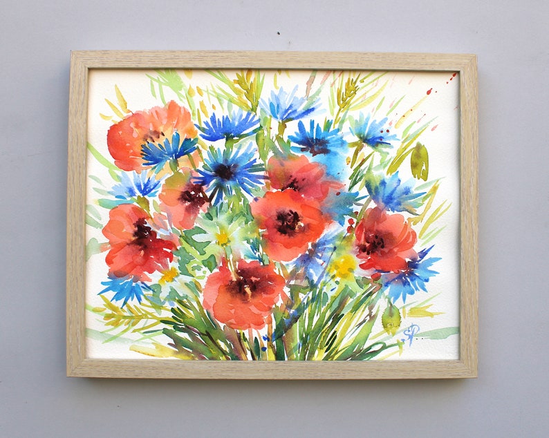 Cornflowers Daisy Poppy Original Framed Watercolor Painting ...