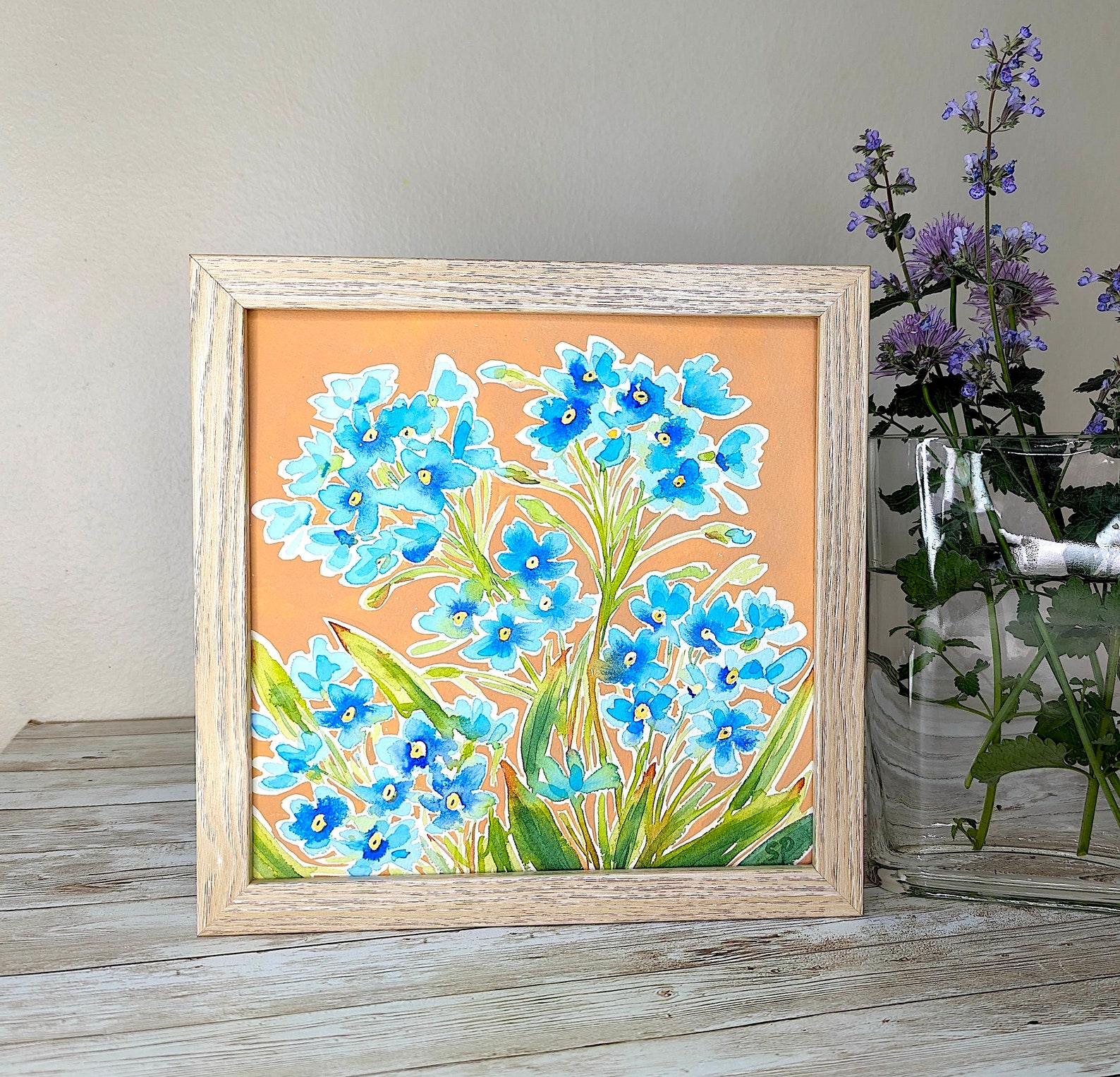 Forget Me Not Original Watercolor Painting, Small Framed Floral Wall ...
