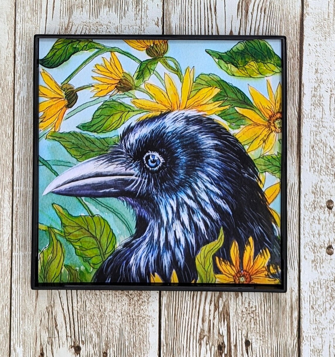 Crow in Sunflowers Watercolor Print, Housewarming Gift Under 20, Framed ...