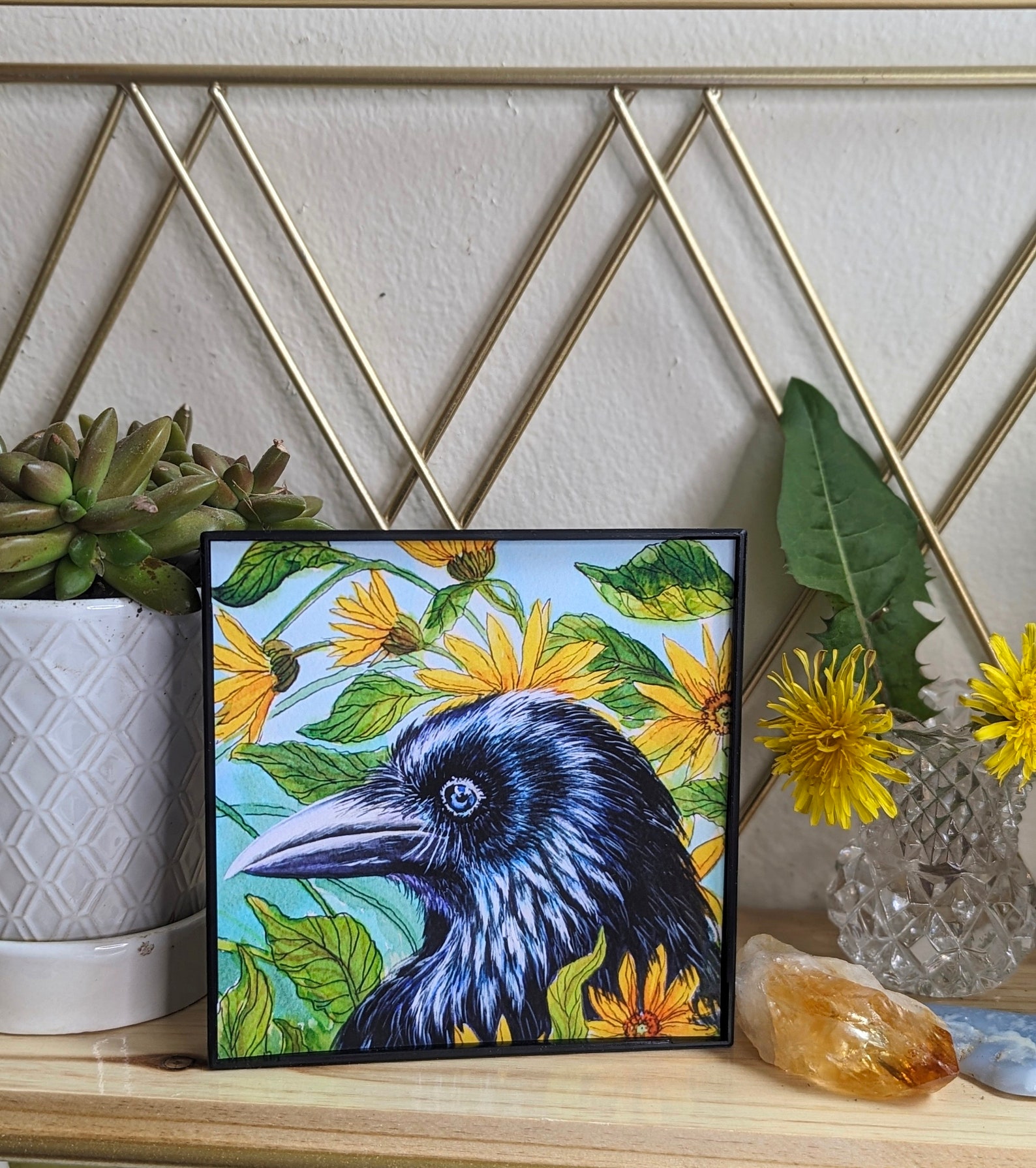 Crow in Sunflowers Watercolor Print, Housewarming Gift Under 20, Framed ...