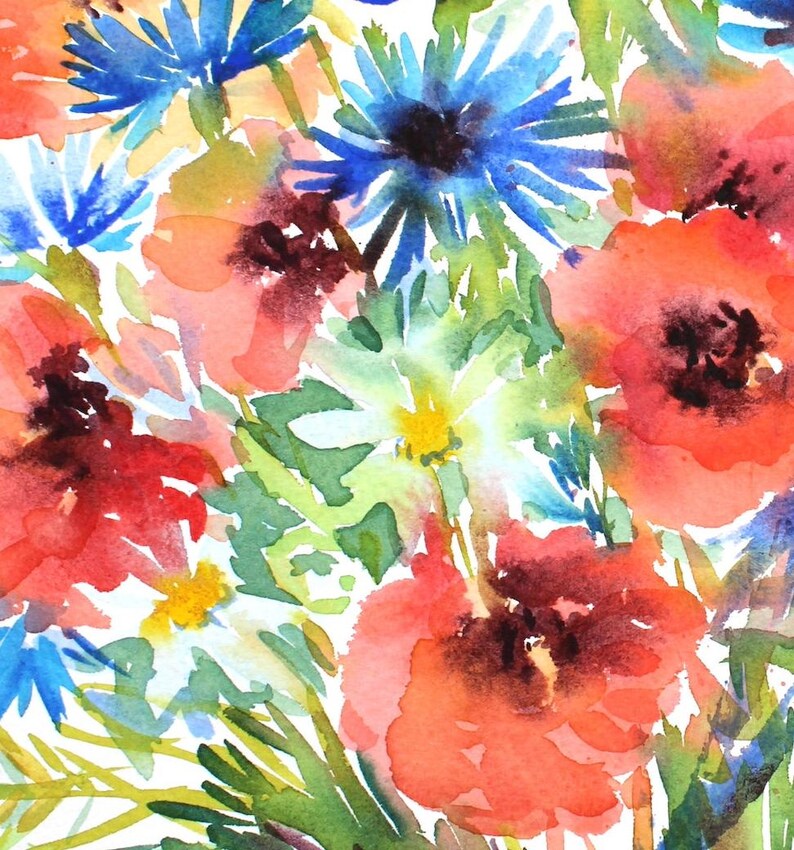 Cornflowers Daisy Poppy Original Framed Watercolor Painting ...