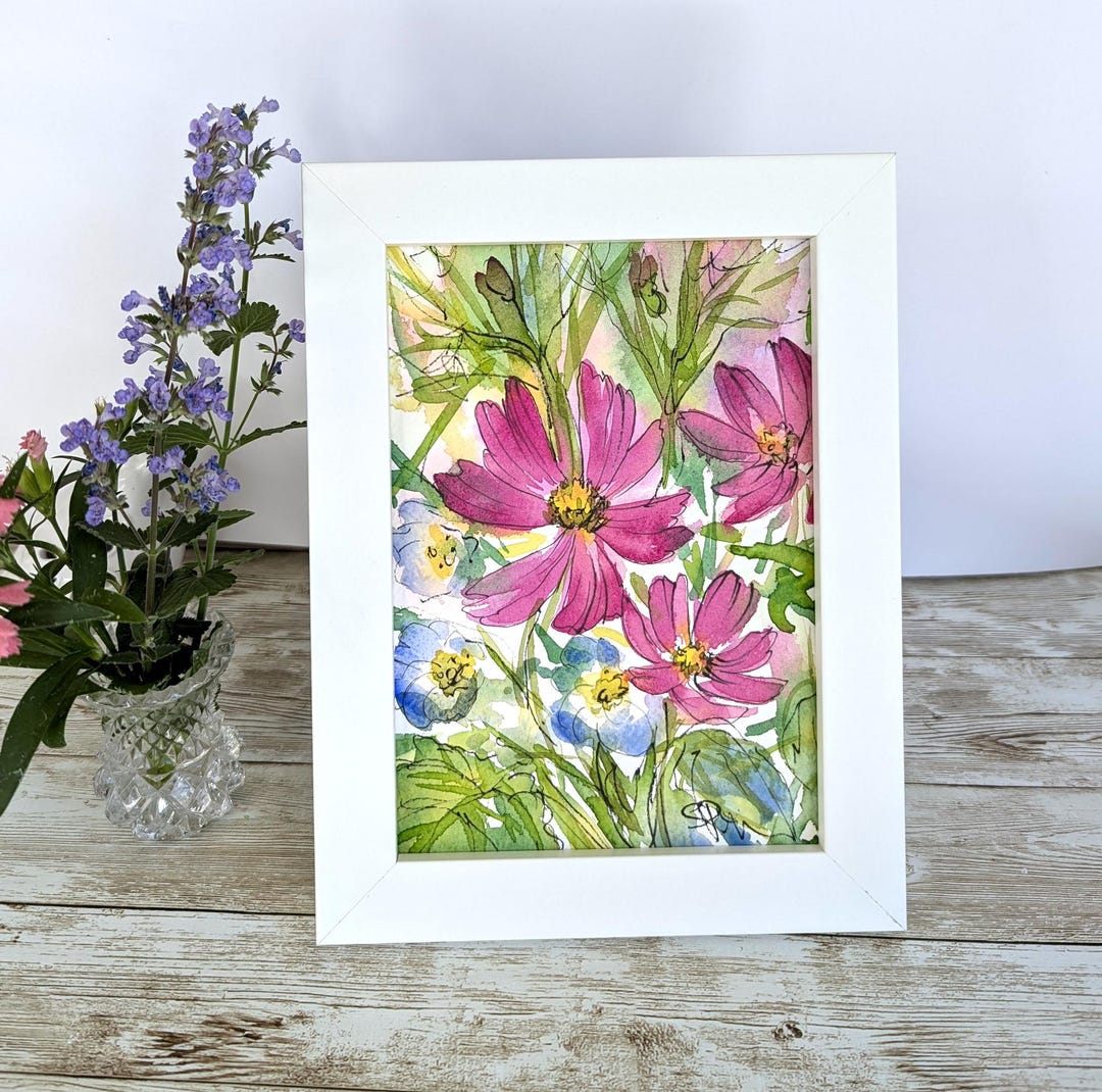 Wildflowers Cosmos Flowers Original Framed Watercolor Painting 5x7 ...