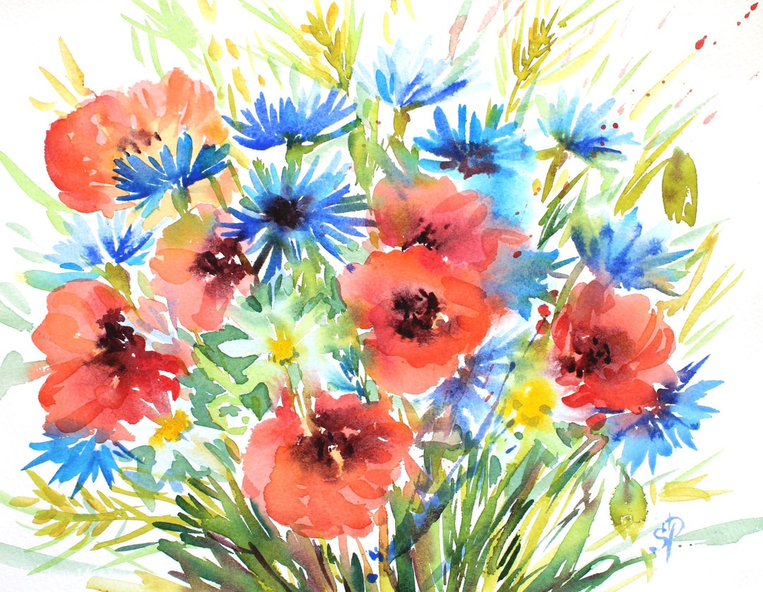 Cornflowers Daisy Poppy Original Framed Watercolor Painting ...
