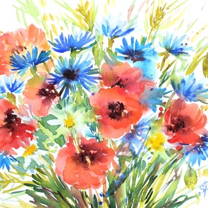 Cornflowers Daisy Poppy Original Framed Watercolor Painting ...