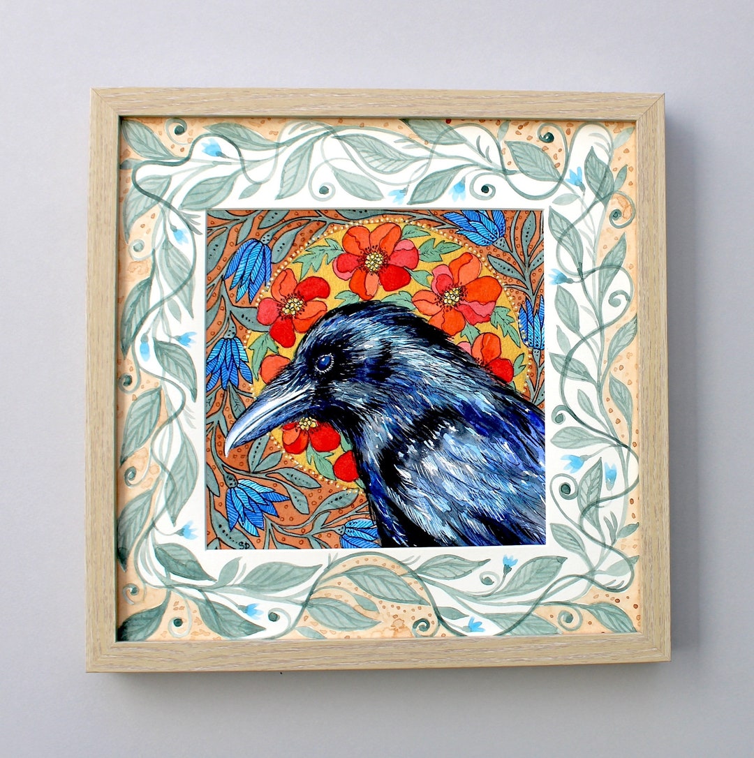 Whimsical Raven Original Watercolor Painting, Folk Art Crow Framed Wall Art Gift for Bird Lover ...