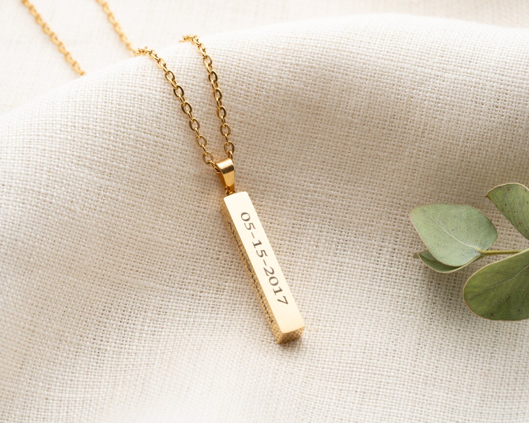 Custom Engraved Necklace • Elegant Vertical Bar With Coordinates • Name ...