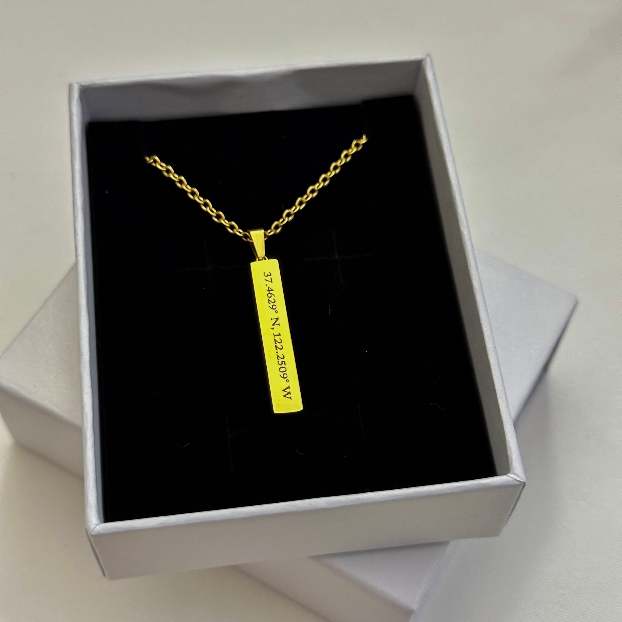 Custom Engraved Necklace • Elegant Vertical Bar With Coordinates • Name ...