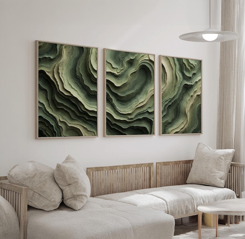 Green Earth Tones Abstract Wall Art Set of 3 | Organic Wave Triptych ...