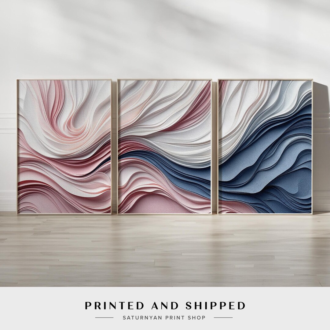 Soft Modern Flow Abstract Wall Art | Set of 3 Pink Blue Neutral Canvas ...