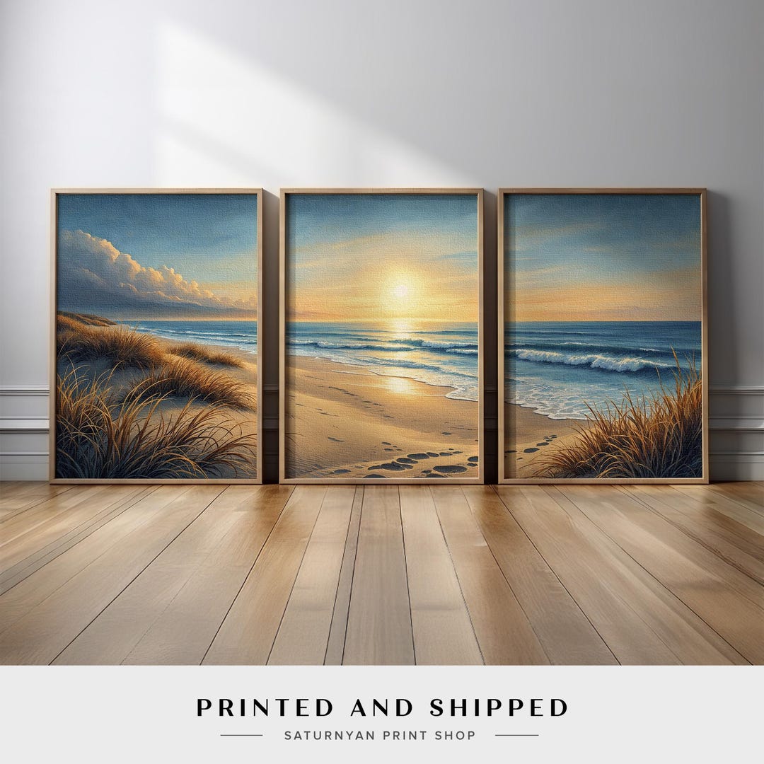 Beach Sunrise Wall Art Triptych | Ocean Waves and Sand Dune Canvas ...