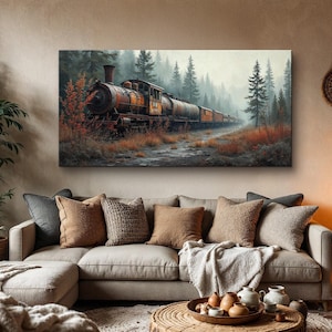 Vintage Train in Misty Forest Wall Art Canvas, Rustic Steam Engine ...
