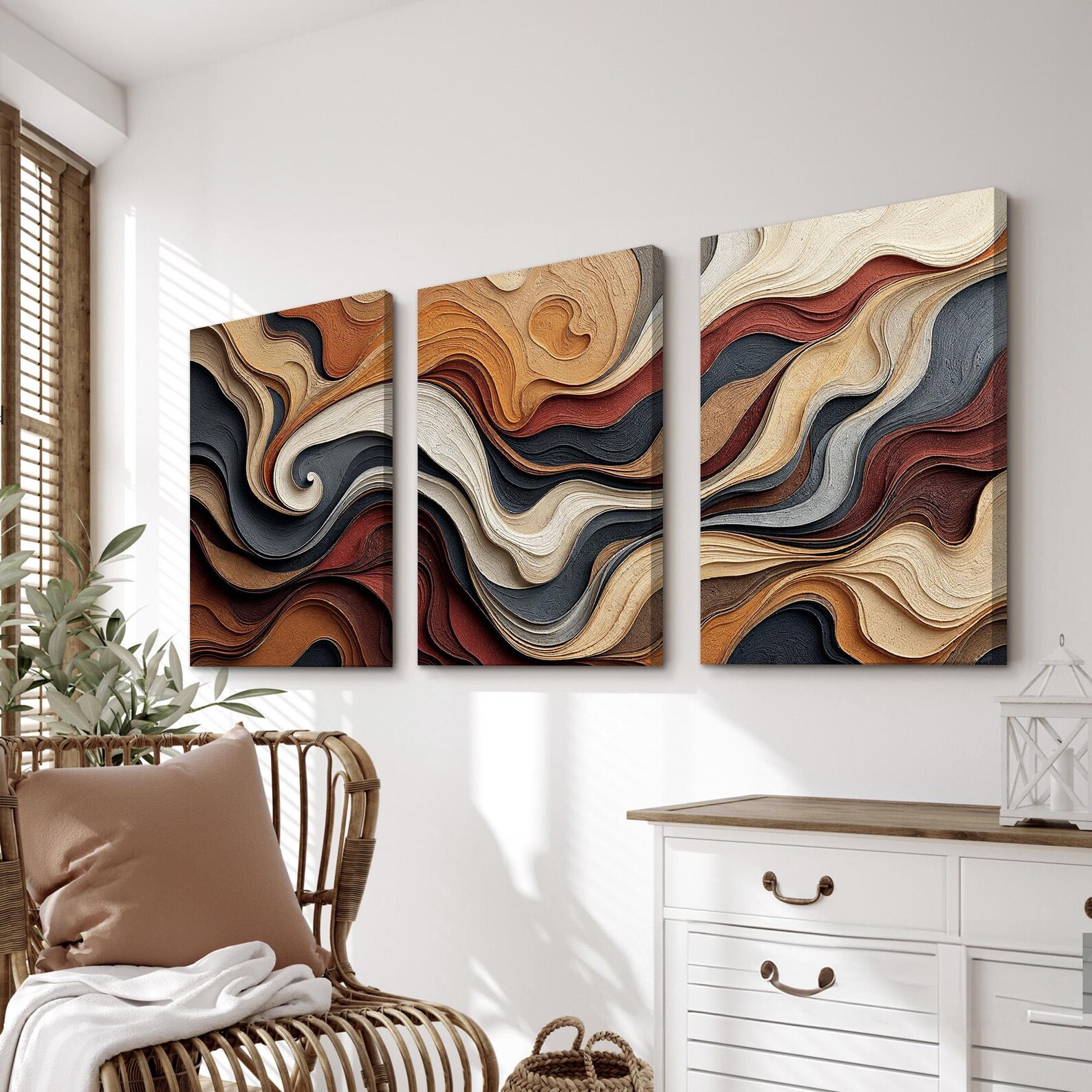 Rustic Topographic Swirl Abstract Wall Art Set of 3 | Earth Tone Canvas ...