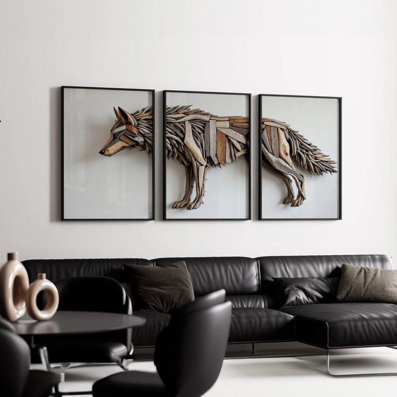 Rustic Wooden Wolf Triptych Wall Art | Nordic Animal Decor in Driftwood ...