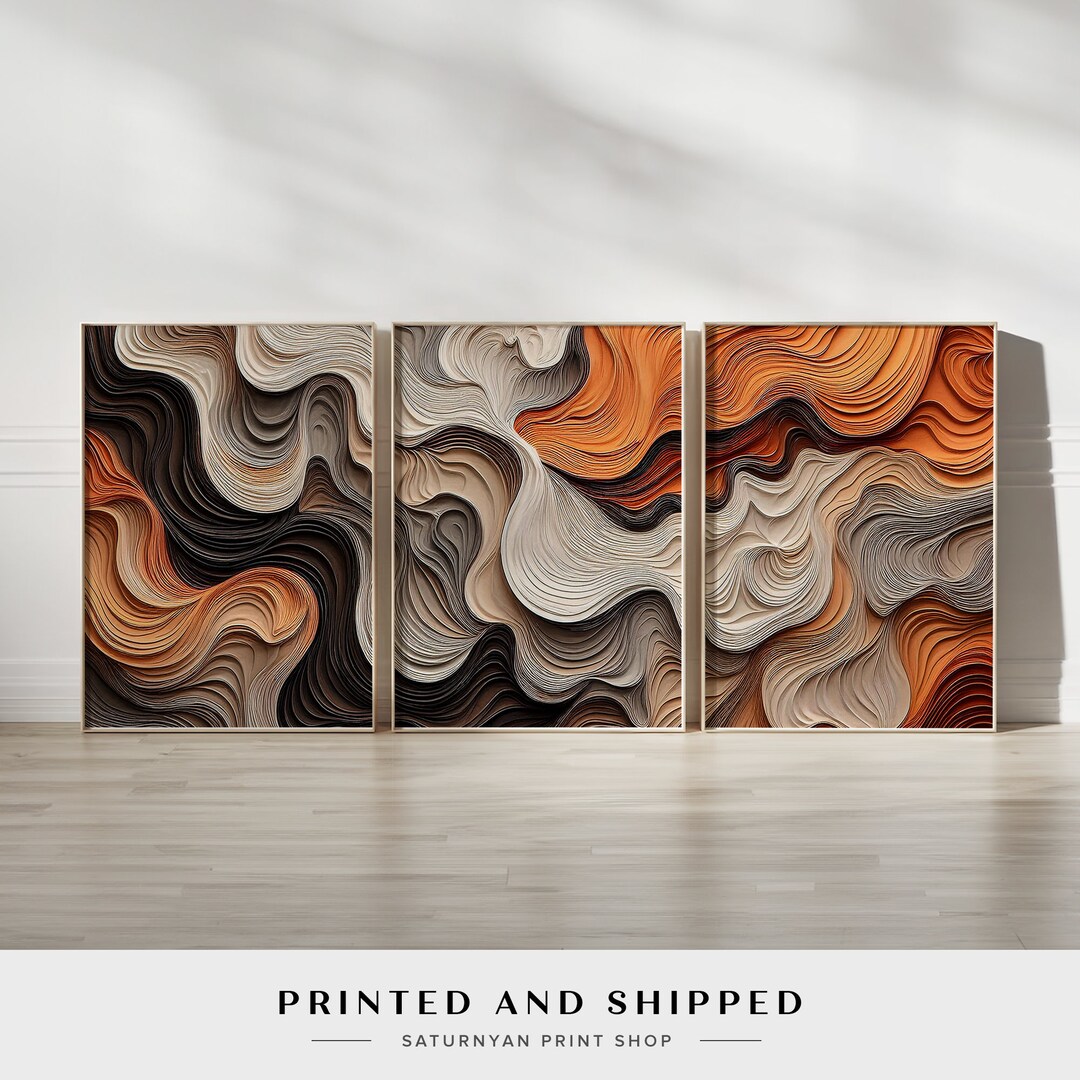 Earth-tone Wavy Abstract Art Set Neutral Wall Art Trio for Living Room ...