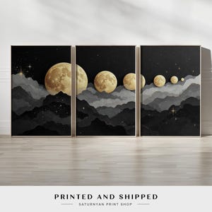 Modern Moon Phase Wall Art - Set of 3 Celestial Featuring Black-gold ...
