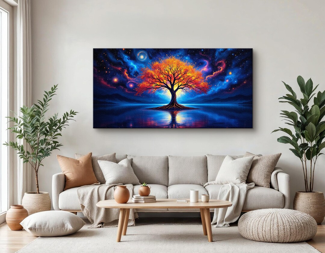 Cosmic Tree Painting, Galaxy Night Sky Wall Art, Mystical Tree of Life ...