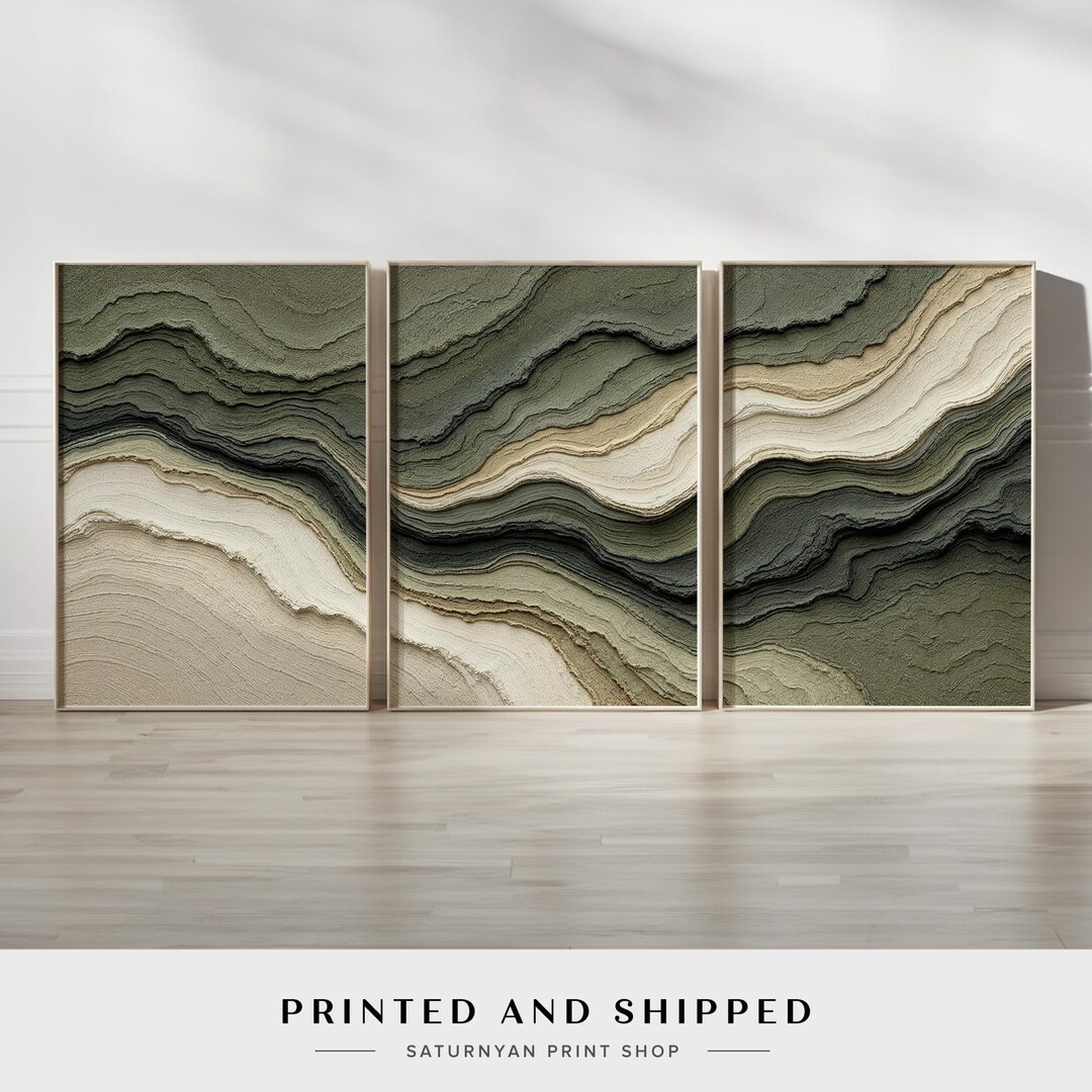 Earthy Abstract Sediment Wall Art | Set of 3 Green and Beige Canvas ...