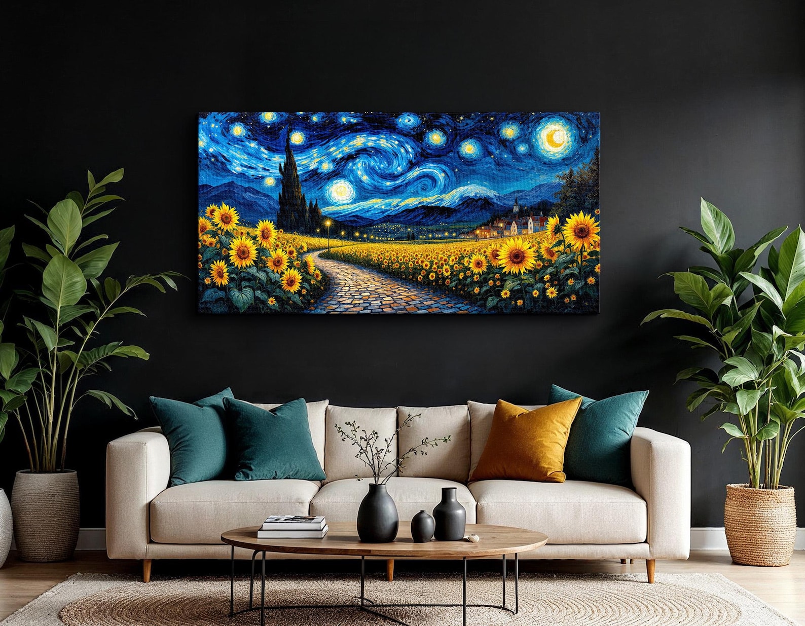 Van Gogh Starry Night Inspired Sunflower Field Canvas Print - Vibrant ...