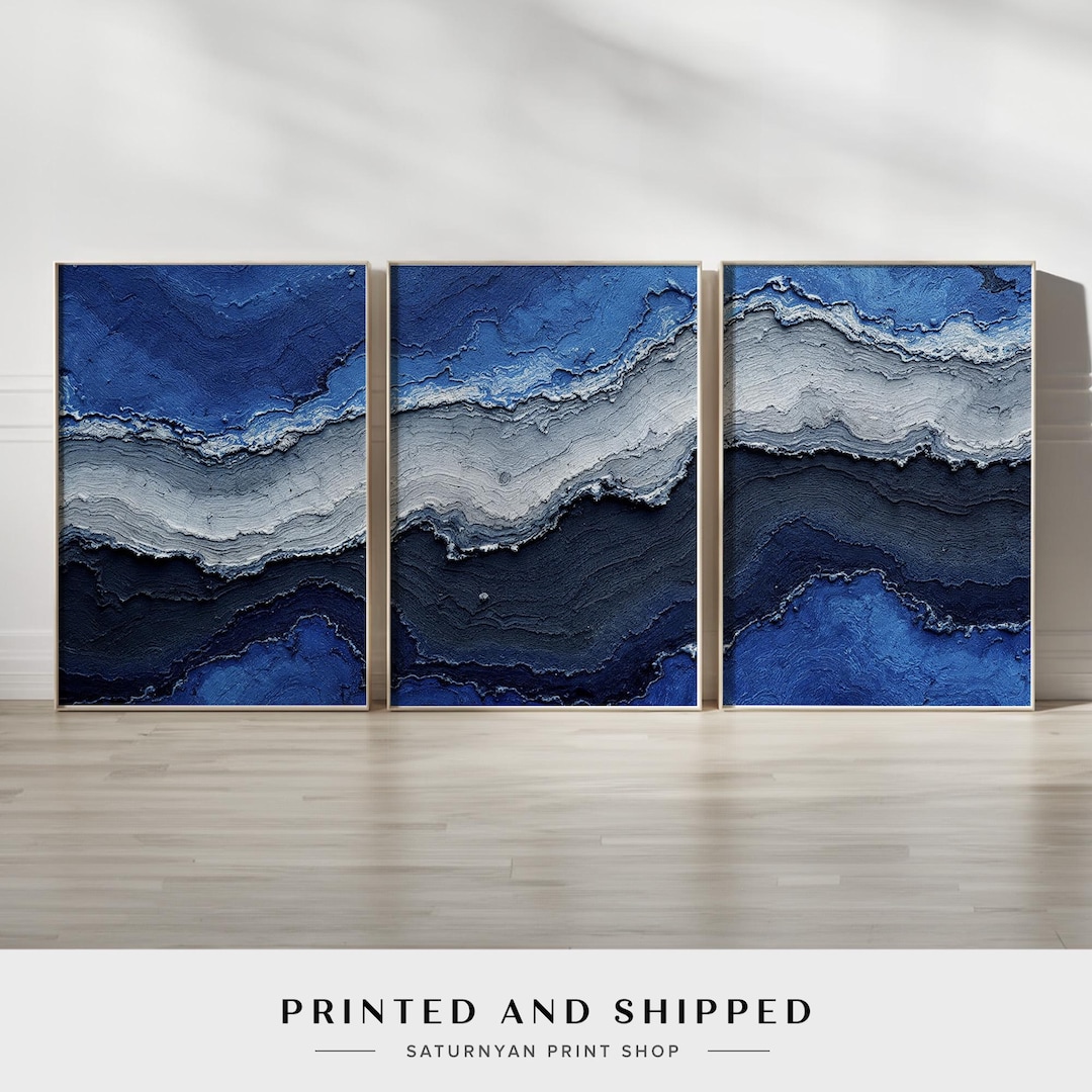 Abstract Blue Wave Triptych Wall Art Modern Textured Painting With ...