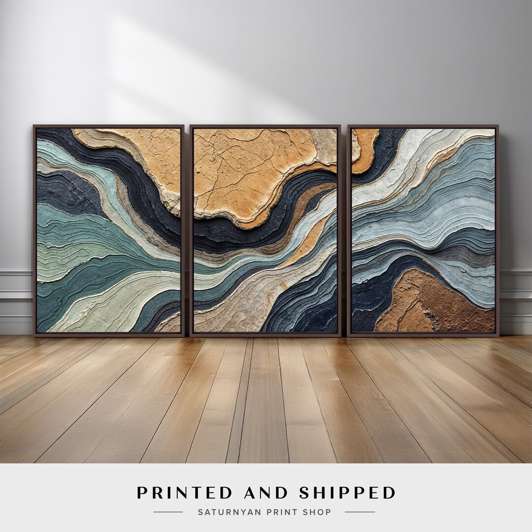 Geological Abstract Wall Art Triptych | Stone Inspired Wave Patterns ...