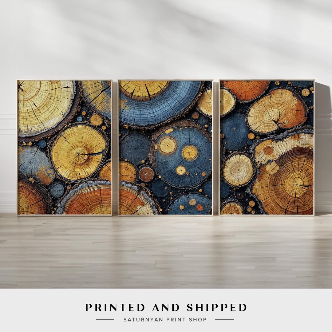 Rustic Wood Log Wall Art – Set of 3 Natural Timber Ring Patterns in ...