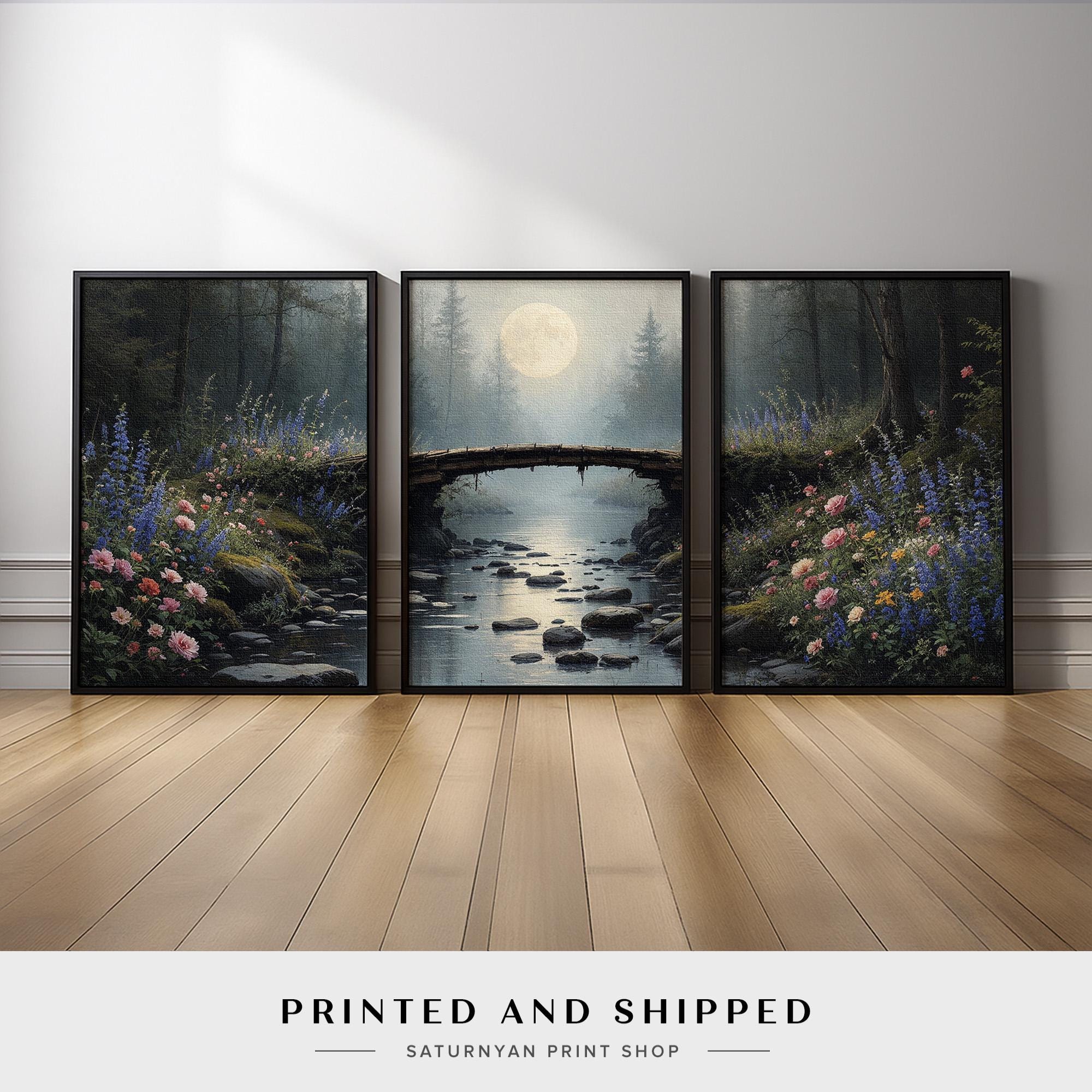 Moonlit Forest Wall Art Set of 3 | Cottagecore Woodland Bridge and ...