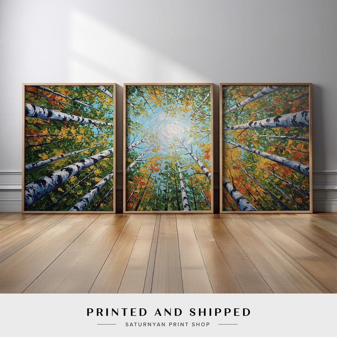 Forest Wall Art Set of 3 | Birch Tree Canopy Triptych Looking up ...
