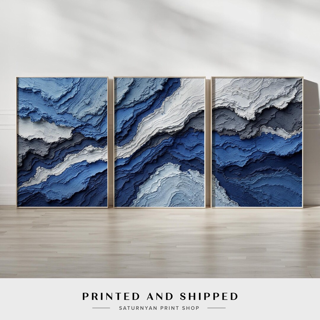 Coastal Abstract Blue Wave Triptych Wall Art | Set of 3 Painting With ...