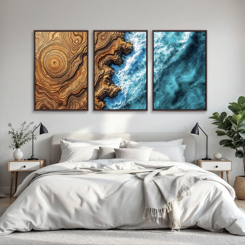 Rustic Coastal Wall Art Set of 3 | Geological Wood Grain and Ocean Wave ...
