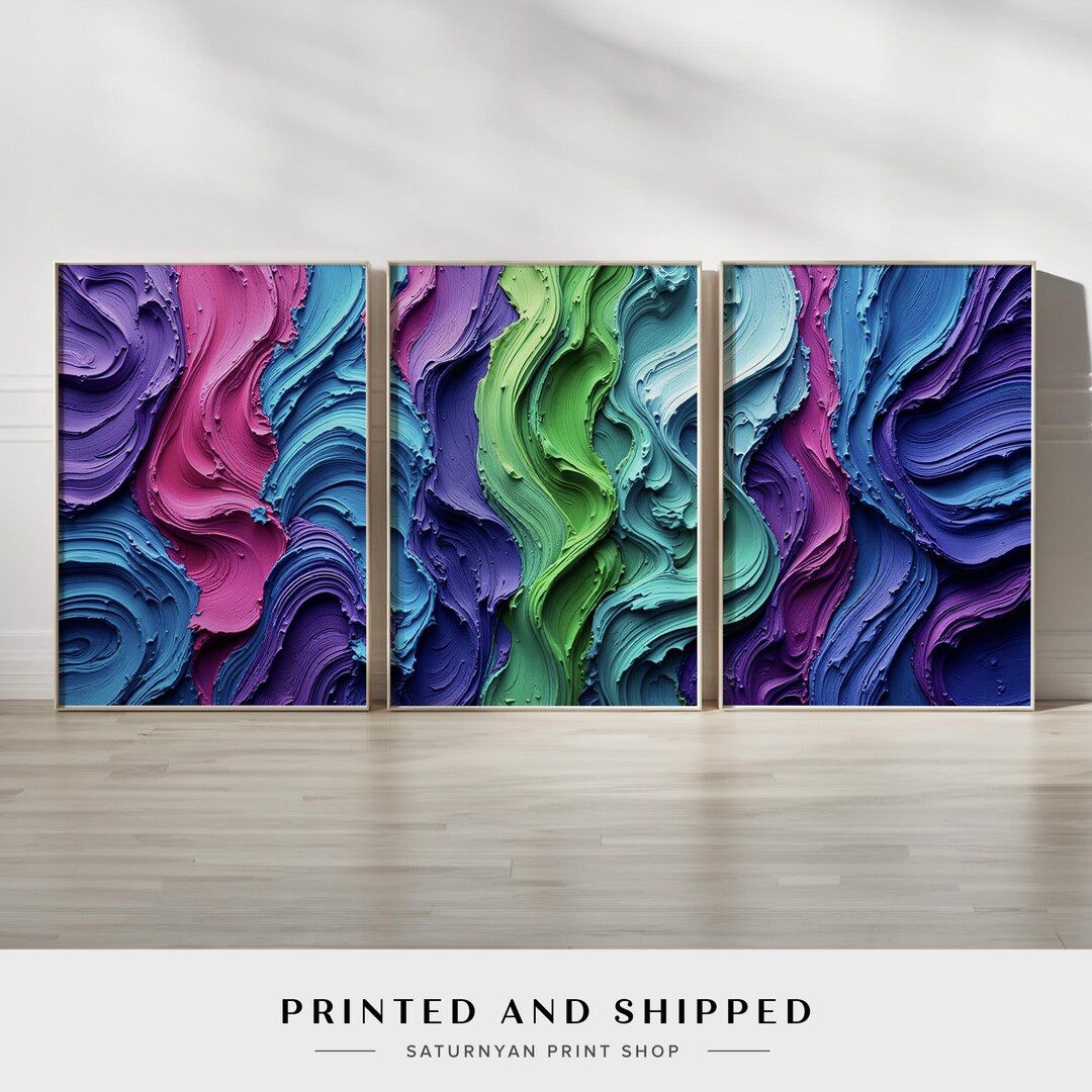 Colorful Abstract Triptych Wall Art | Vibrant Pink, Green, Blue, and ...
