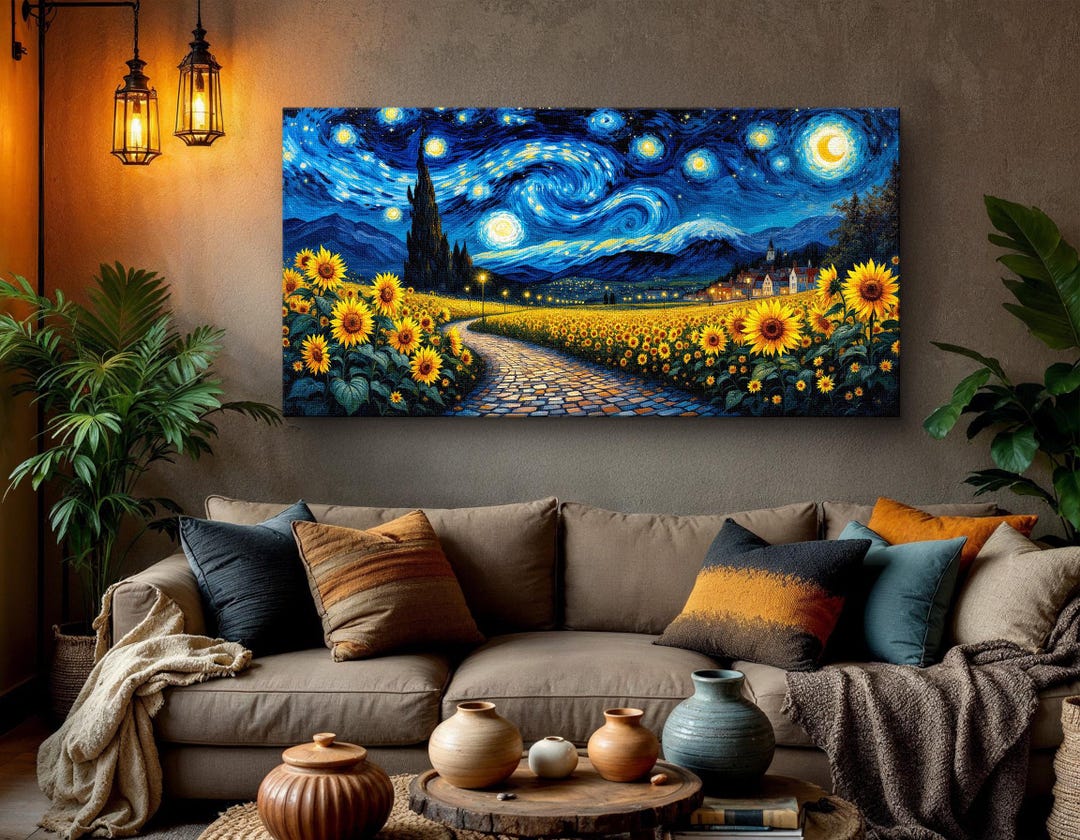 Van Gogh Starry Night Inspired Sunflower Field Canvas Print - Vibrant ...