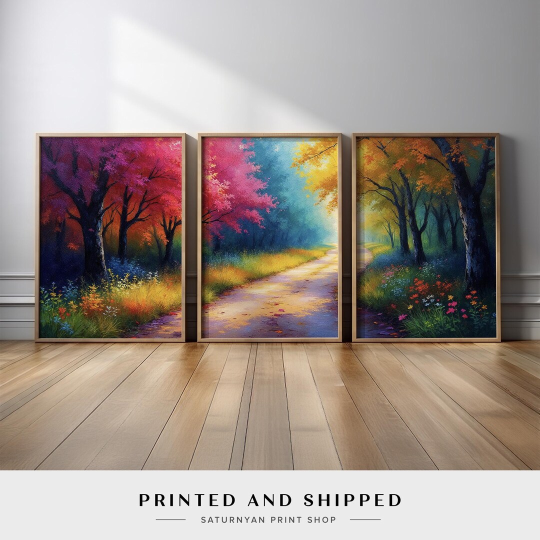 Colorful Forest Path Triptych Canvas Print | Vibrant Autumn Trees ...