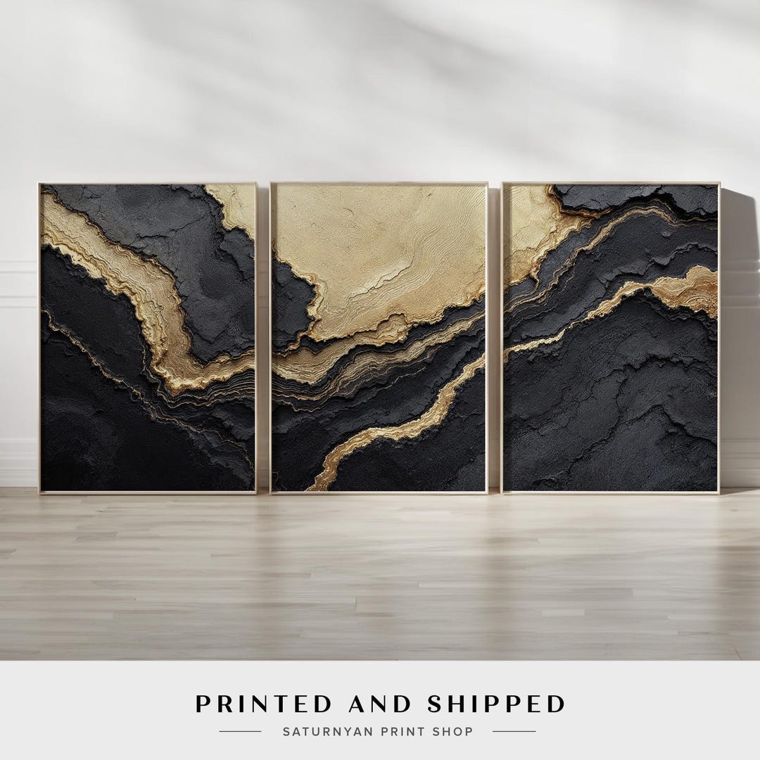 Modern Abstract Triptych Wall Art | Set of 3 in Luxurious Black and ...