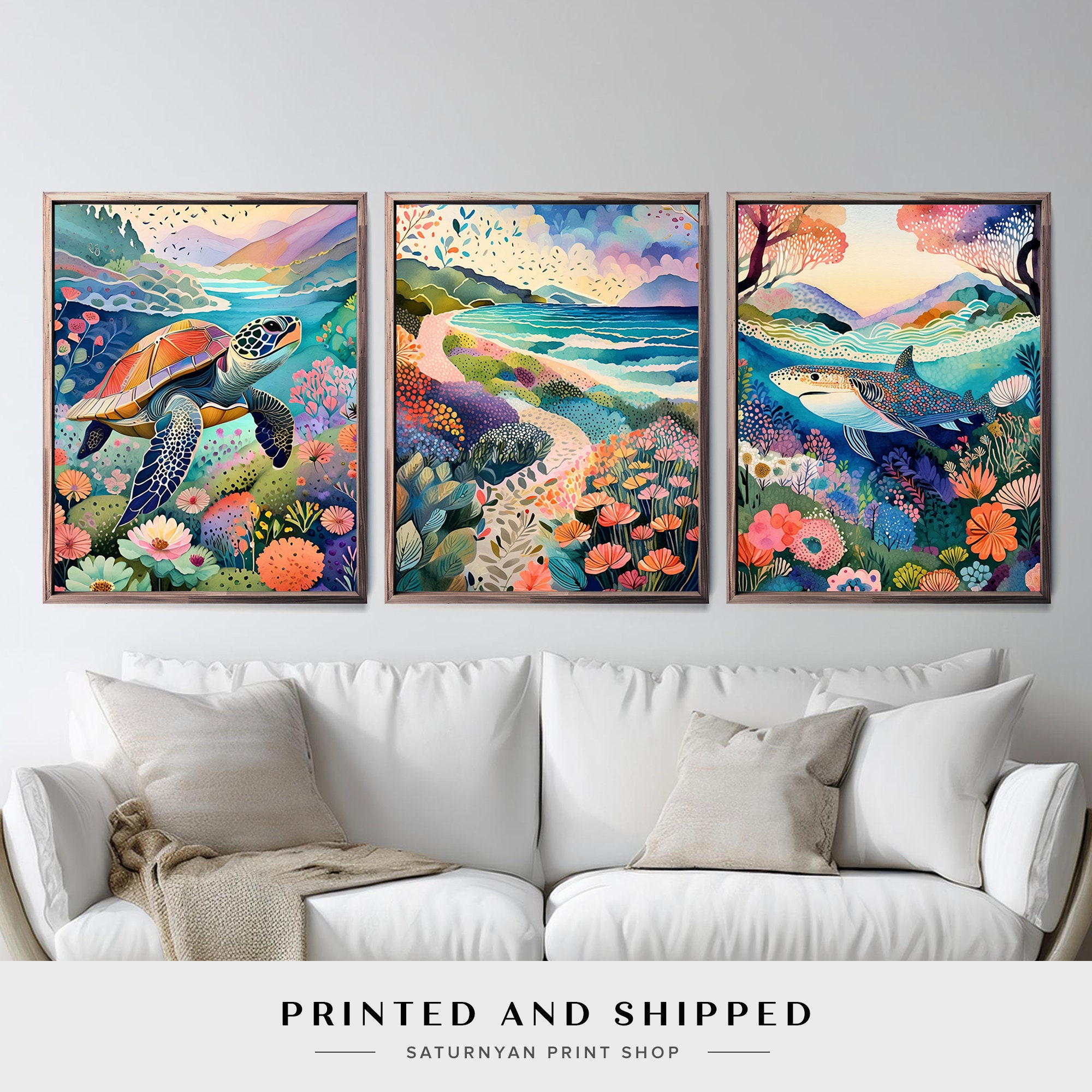 Set of 3 Watercolor Marine Life Art, Underwater Art Prints, Ocean Wall ...