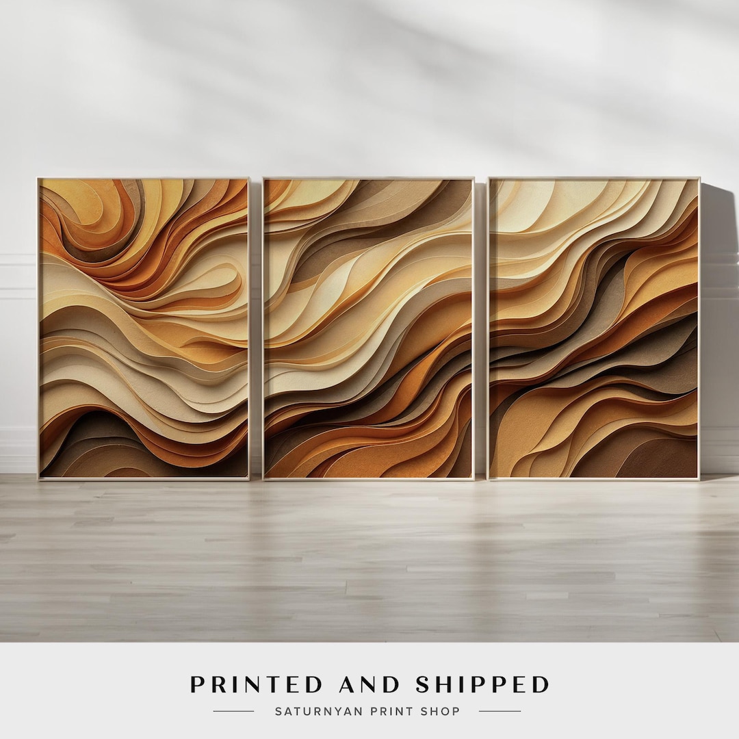 Abstract Earthy Tones Triptych Wall Art - Beige and Brown Wave-like Patterns for Modern ...