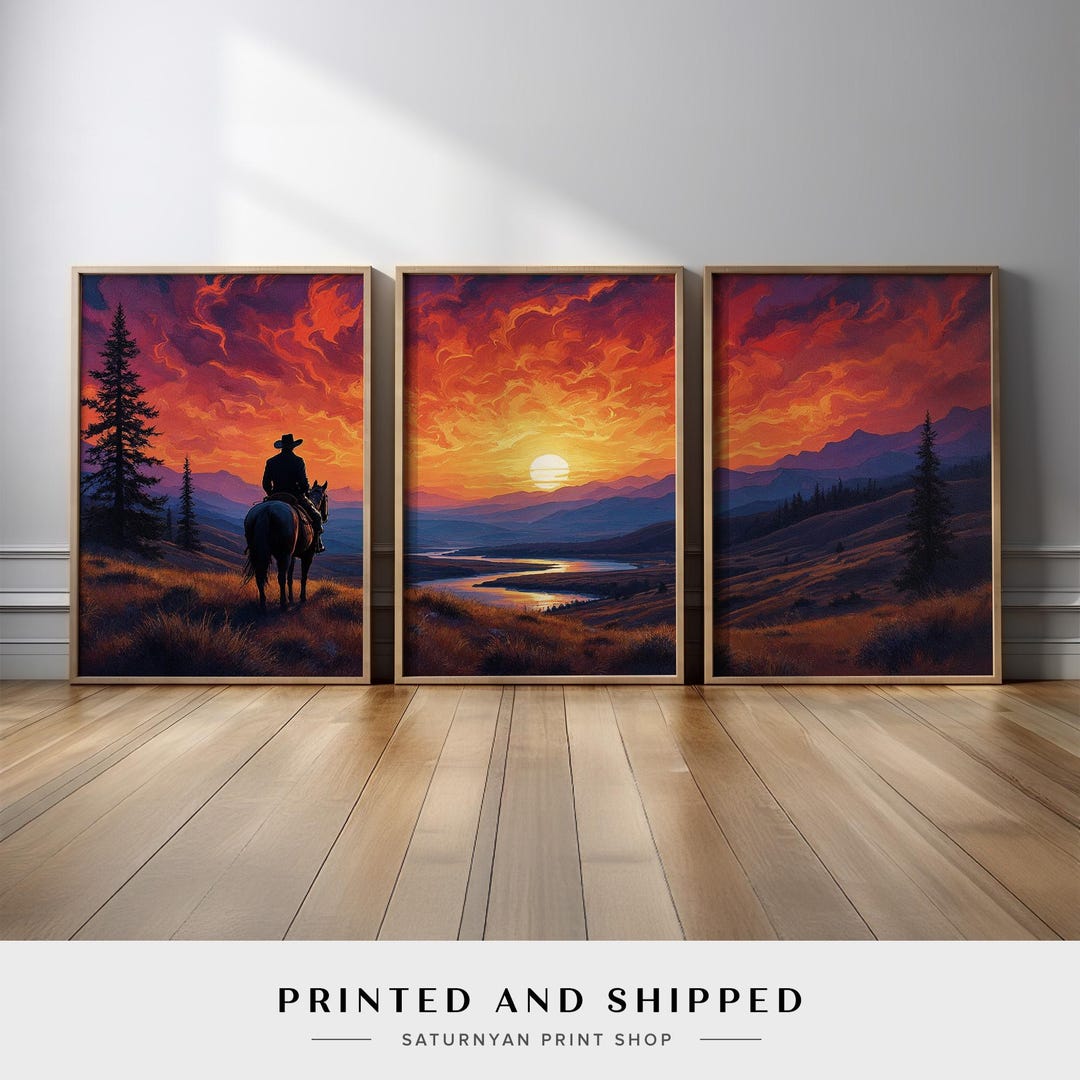 Western Sunset Wall Art Set of 3 | Cowboy & Horse Scenic Canvas Prints ...