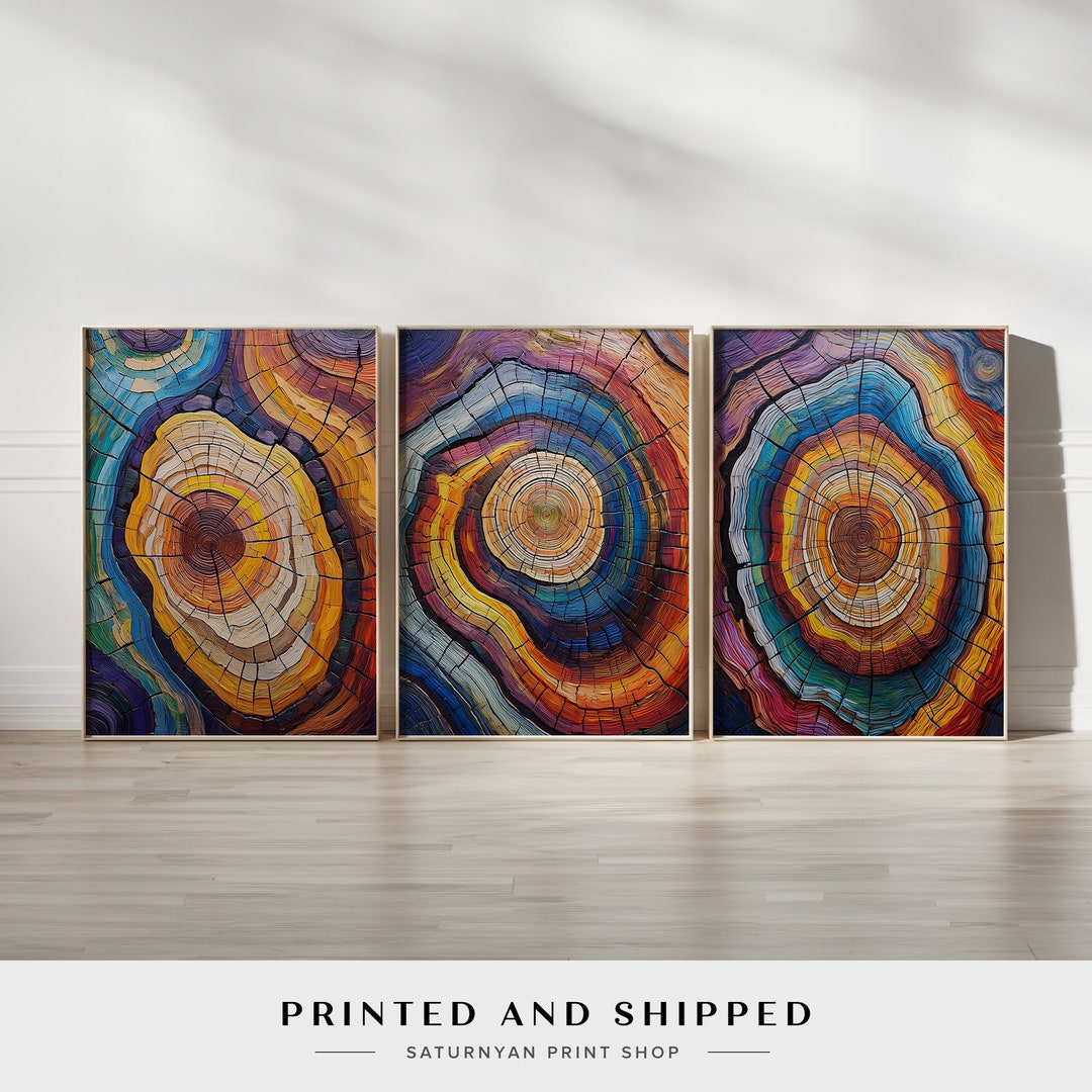 Colorful Tree Rings Art Set Set of 3 Vibrant Wall Paintings for ...