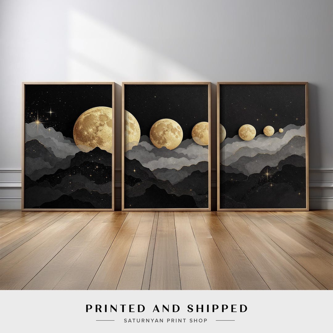 Modern Moon Phase Wall Art | Set of 3 Celestial Canvas Prints in Black ...