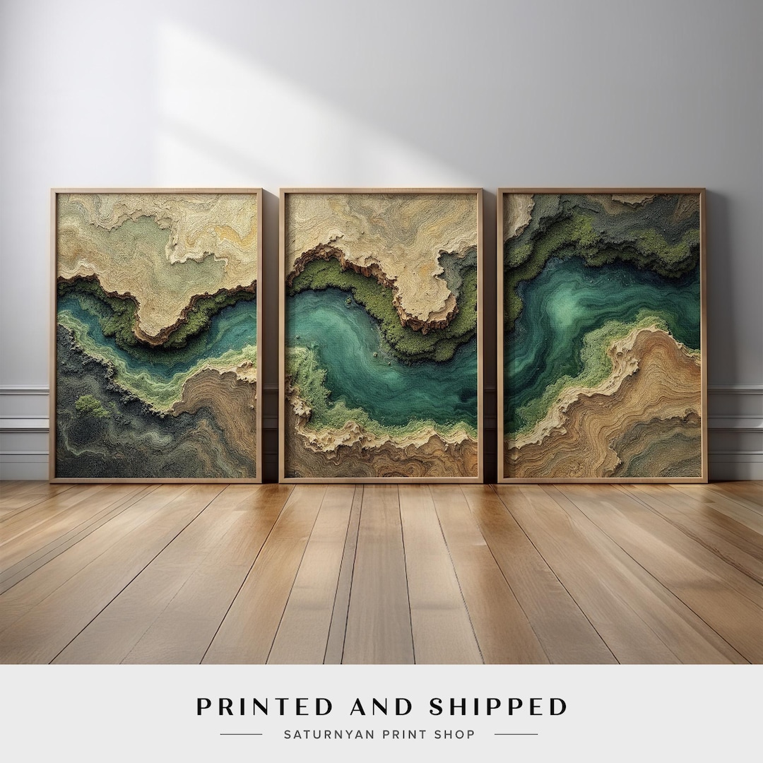 Green Geological Abstract Triptych Wall Art | Earth Tone Layered River ...