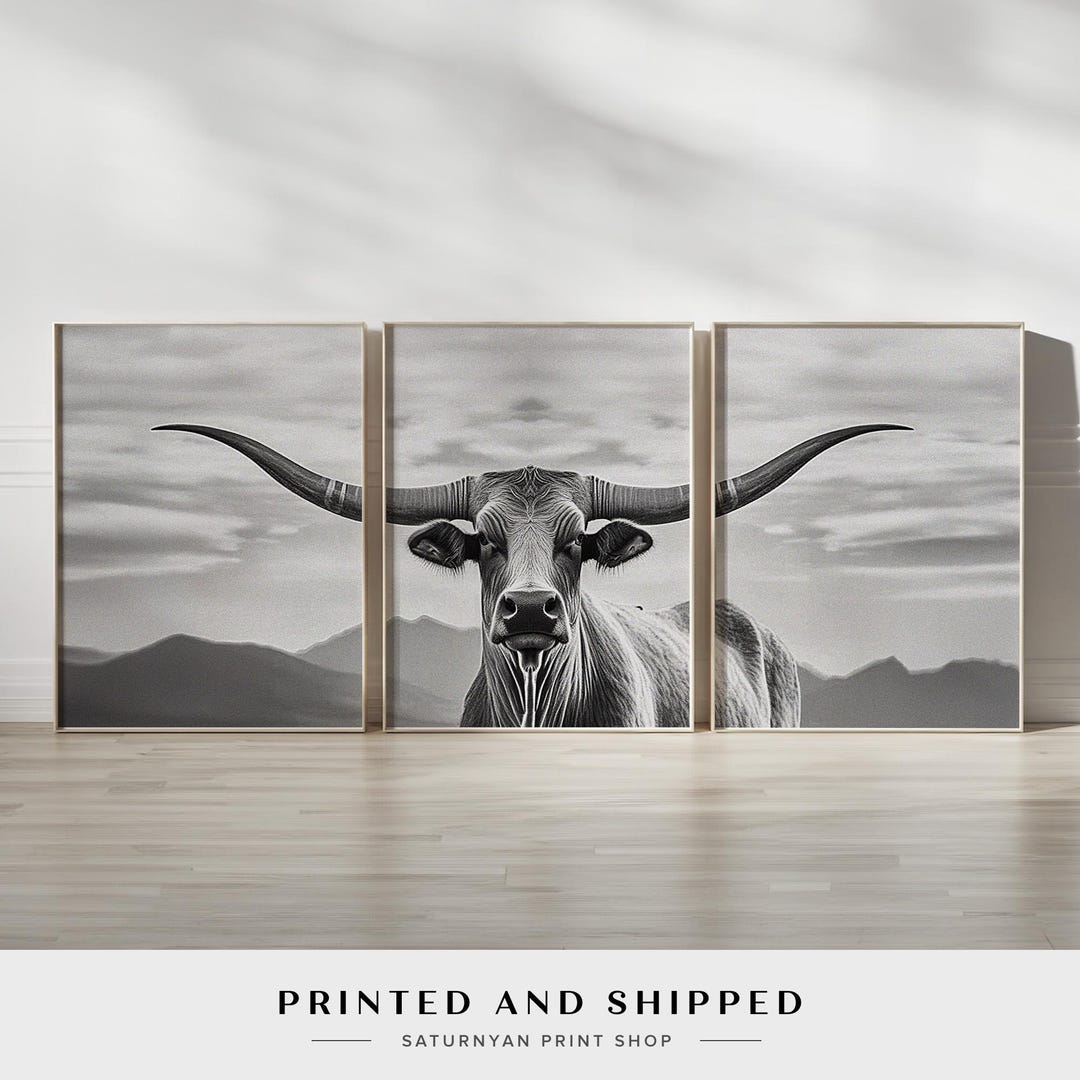Majestic Bull With Powerful Horns Wall Art Set of 3, Stunning Horns in ...