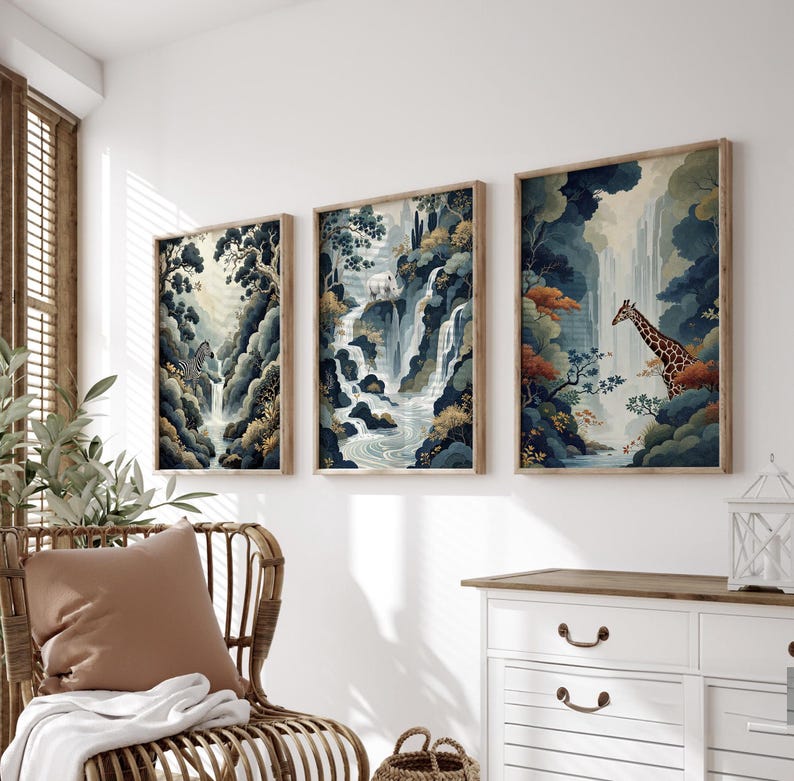 Jungle Safari Animal Wall Art Zebra, Rhino, and Giraffe Waterfall Scene ...