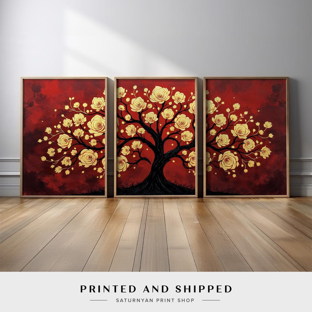 Golden Rose Tree Wall Art Set of 3 | Elegant Black & Gold Floral Prints ...