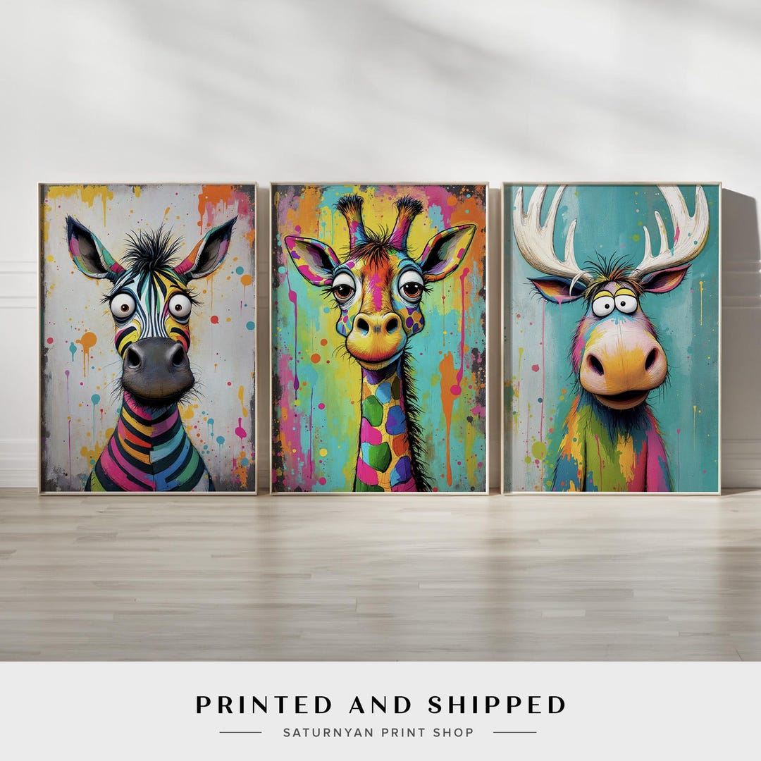 Funny Animal Wall Art Set of 3 – Zebra, Giraffe, and Moose With ...