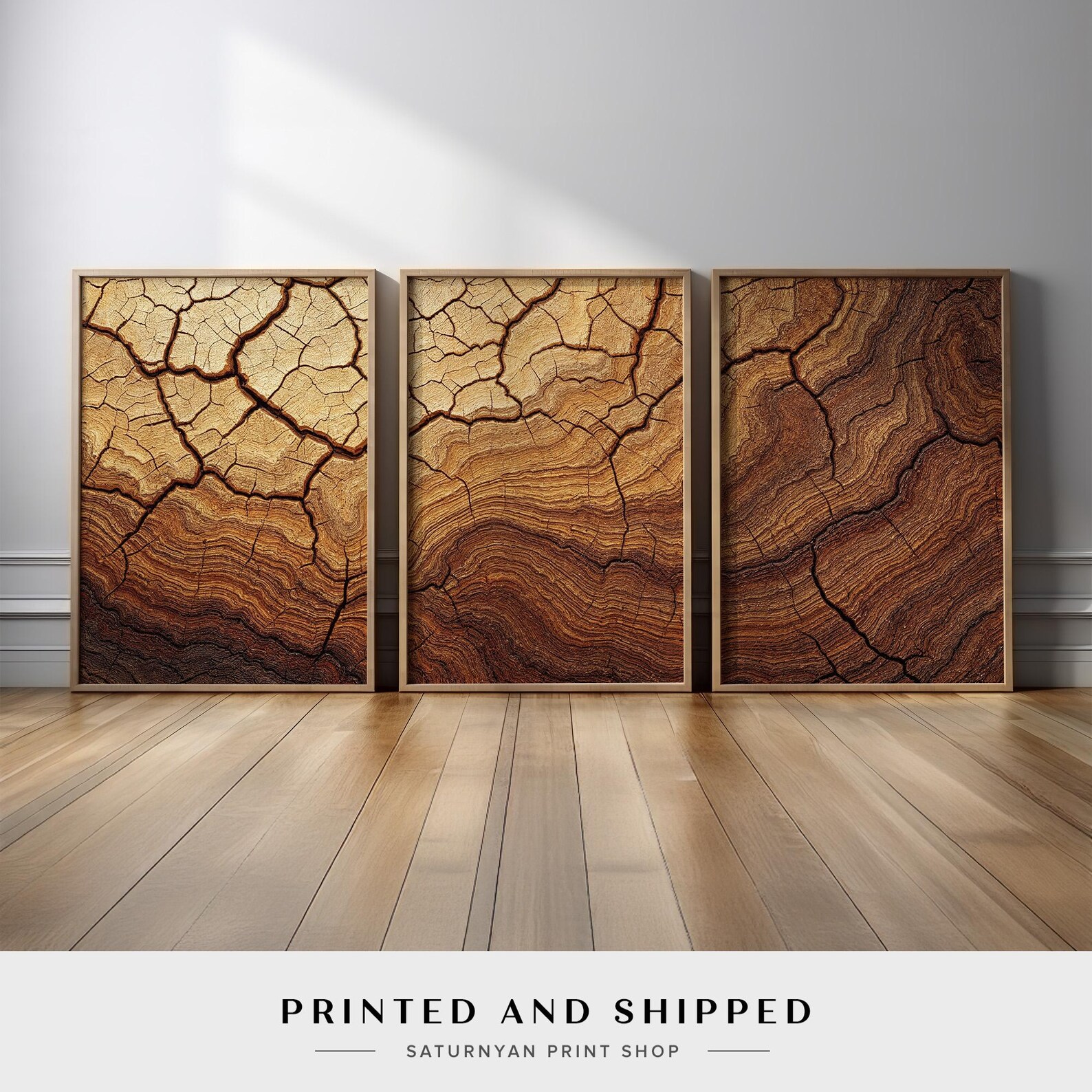 Cracked Earth Wall Art Set of 3 | Rustic Abstract Canvas Prints in Warm ...