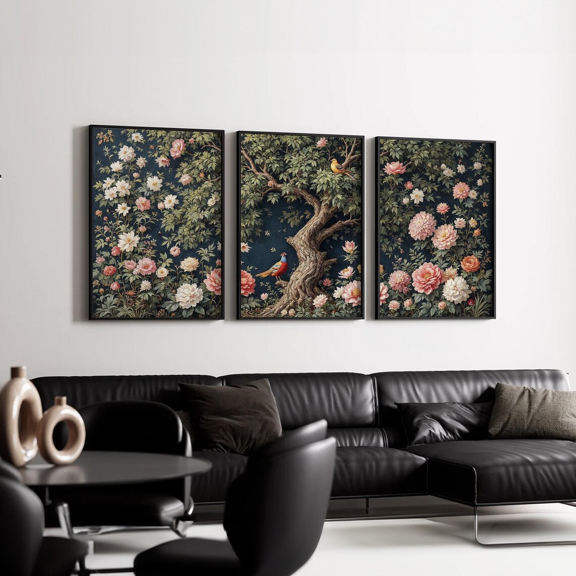 Elegant Vintage Tree and Floral Triptych With Colorful Birds | Dark ...