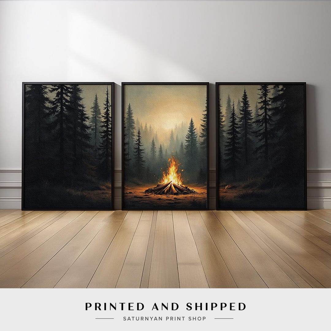 Campfire Wall Art Triptych | Dark Forest With Glowing Firelight for ...